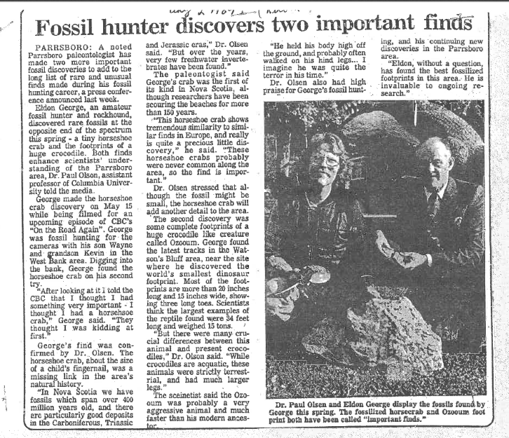 OlsenGeorgeNewspaper1989 - Parrsboro Rock Shop Project